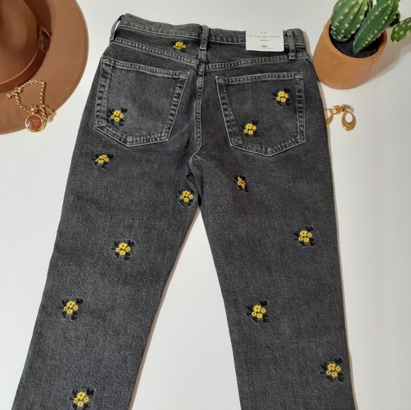 Zara | Jeans | New Zara Yellow Floral Embroidery Blackgray Full Length ...